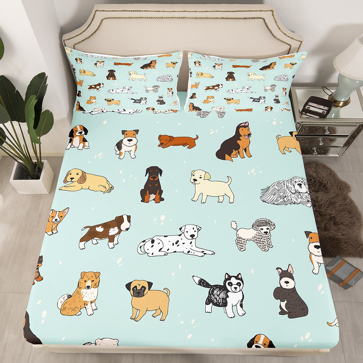 Erosebridal Cartoon Pug Corgi Queen Sheets Kawaii Animals Bed Sheets ...