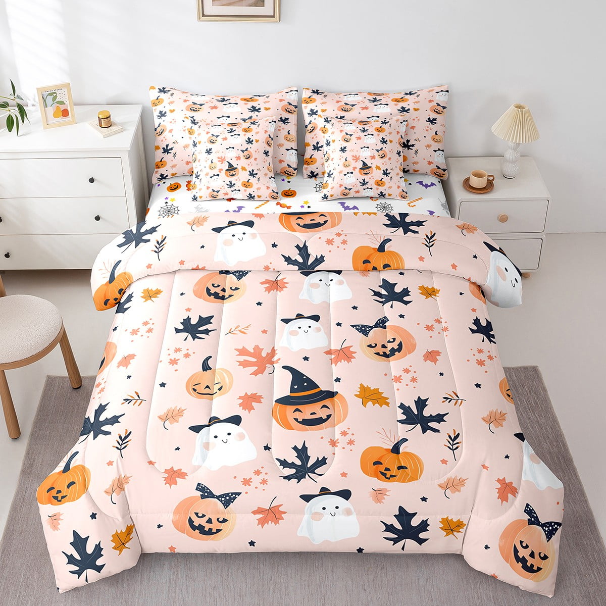 Erosebridal Cartoon Pumpkin Bedding Set Queen Cute Halloween Ghost Bed ...