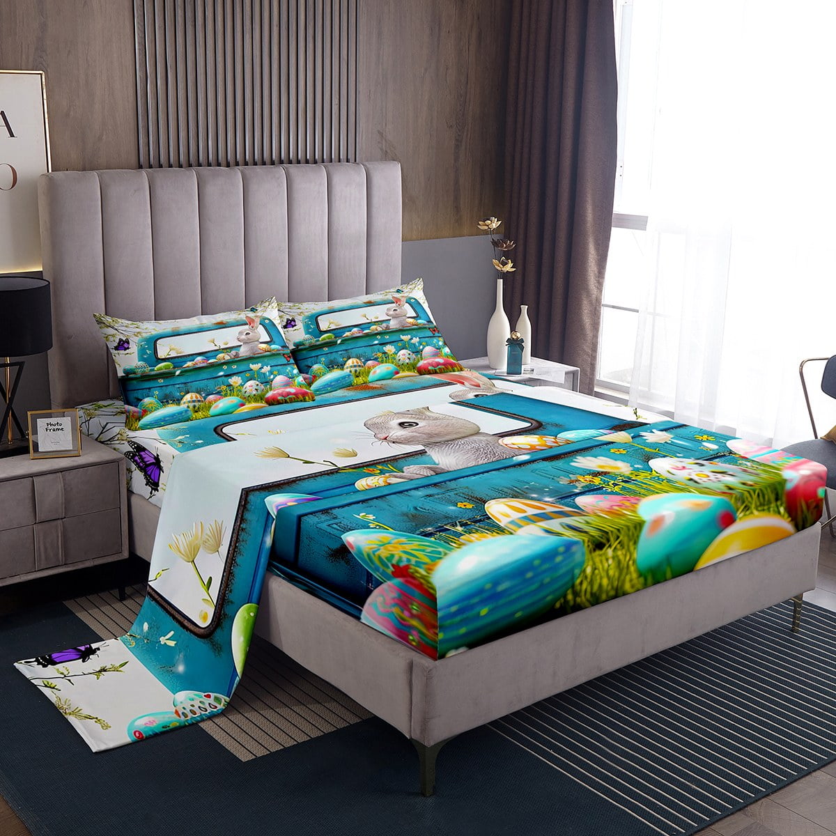 Erosebridal Cartoon Rabbit Bed Sheets Set 4 Piece Colorful Easter Eggs ...