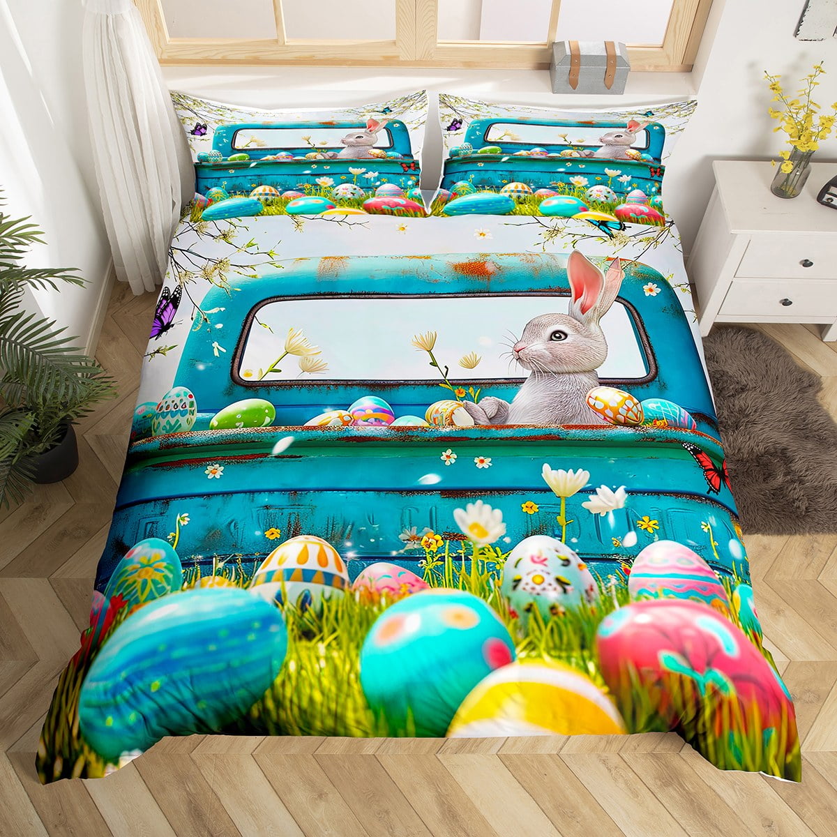 YST Cartoon Rabbit Bedding Set 3 Piece Colorful Easter Eggs Print Duvet ...