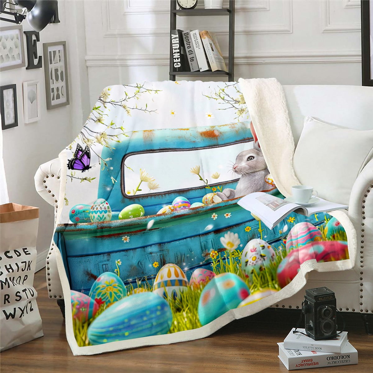 Cartoon Rabbit Blanket Colorful Easter Eggs Print Throw Blanket Easter ...