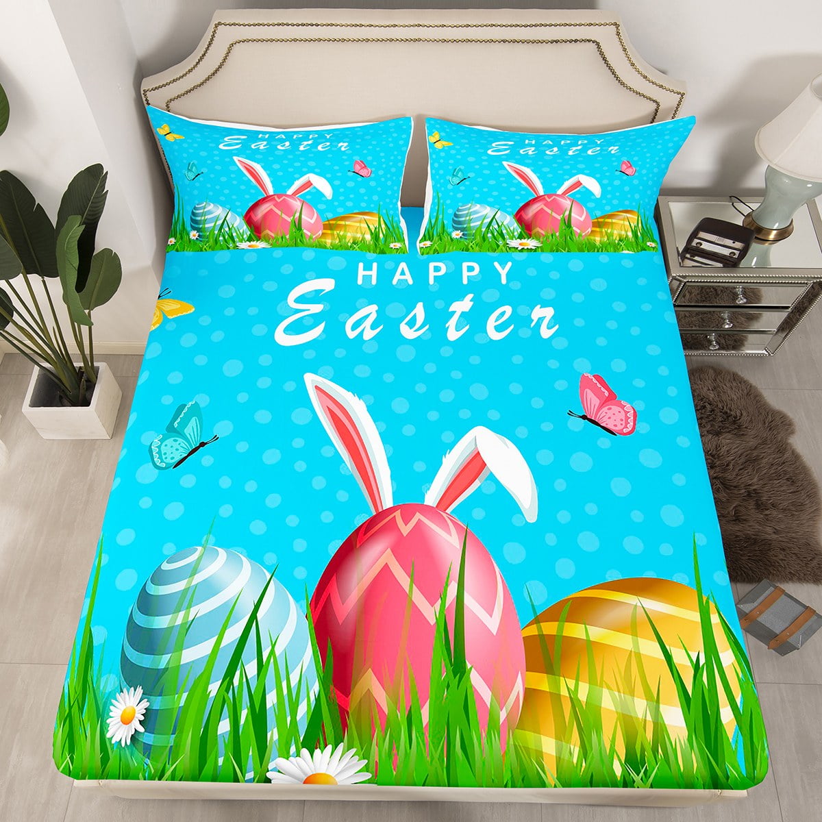 YST Cartoon Rabbit Fitted Sheet Twin Size Happy Easter Themed Bed ...