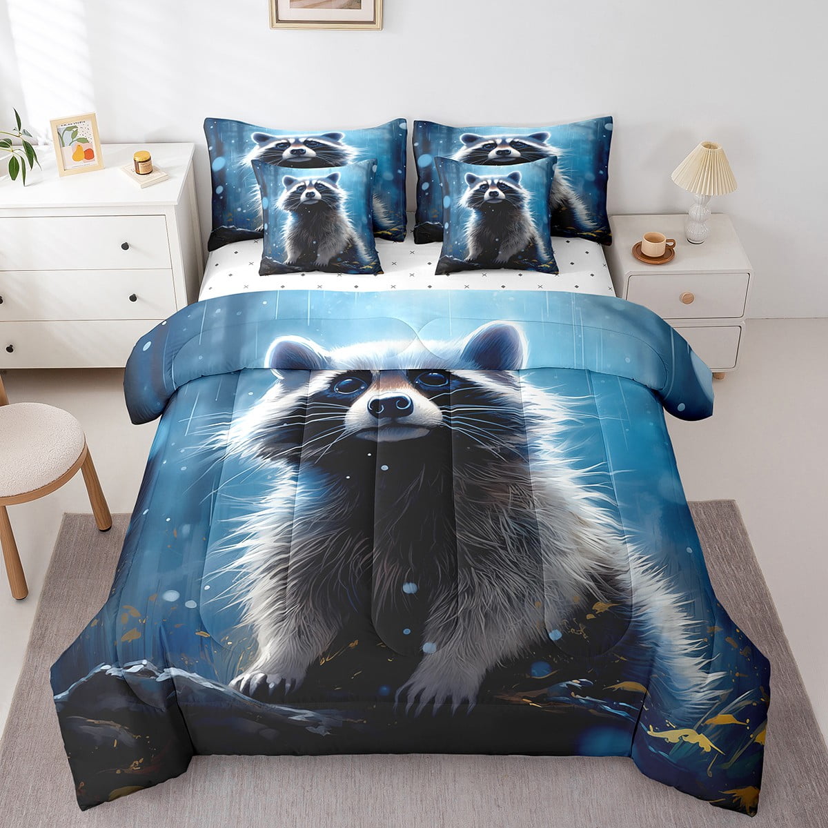 YST Cartoon Raccoon Comforter Set 7 Piece For Kids Queen Cute Raccoon ...