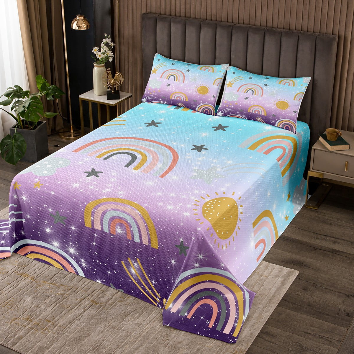 YST Cartoon Rainbow Bedspread Set For Kids, Sun Stars Cloud Quilt Set ...