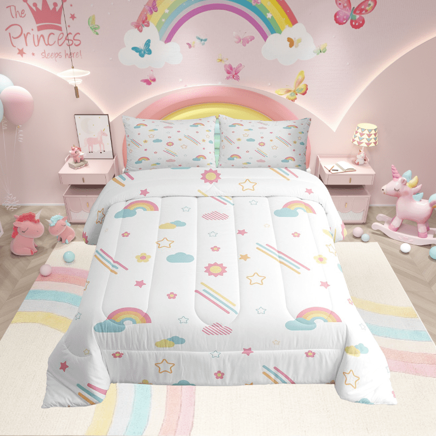 Cartoon Rainbow Comforter Set Galaxy Stars Clouds Iridescent Stripes ...