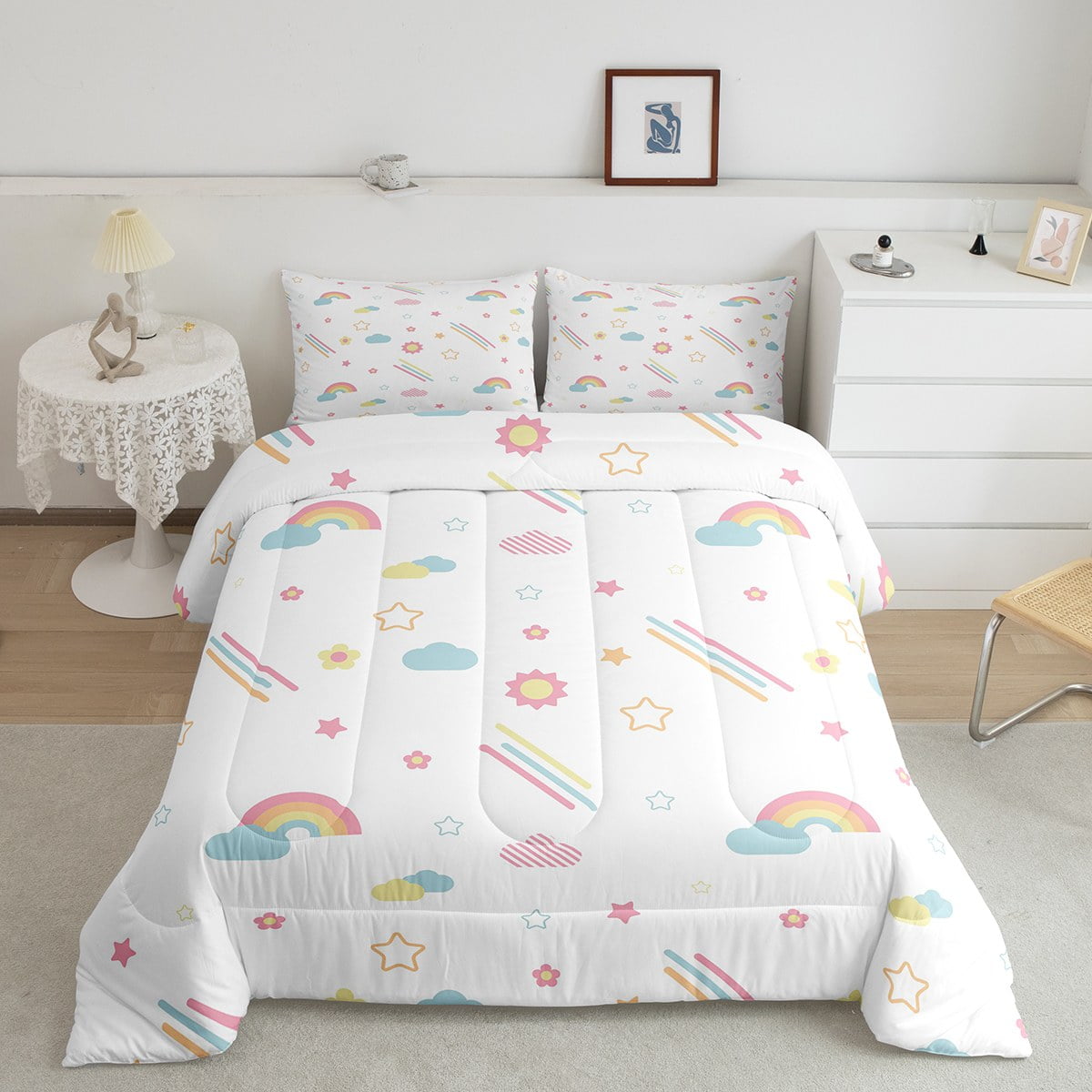 Cartoon Rainbow Comforter Set Galaxy Stars Clouds Iridescent Stripes ...