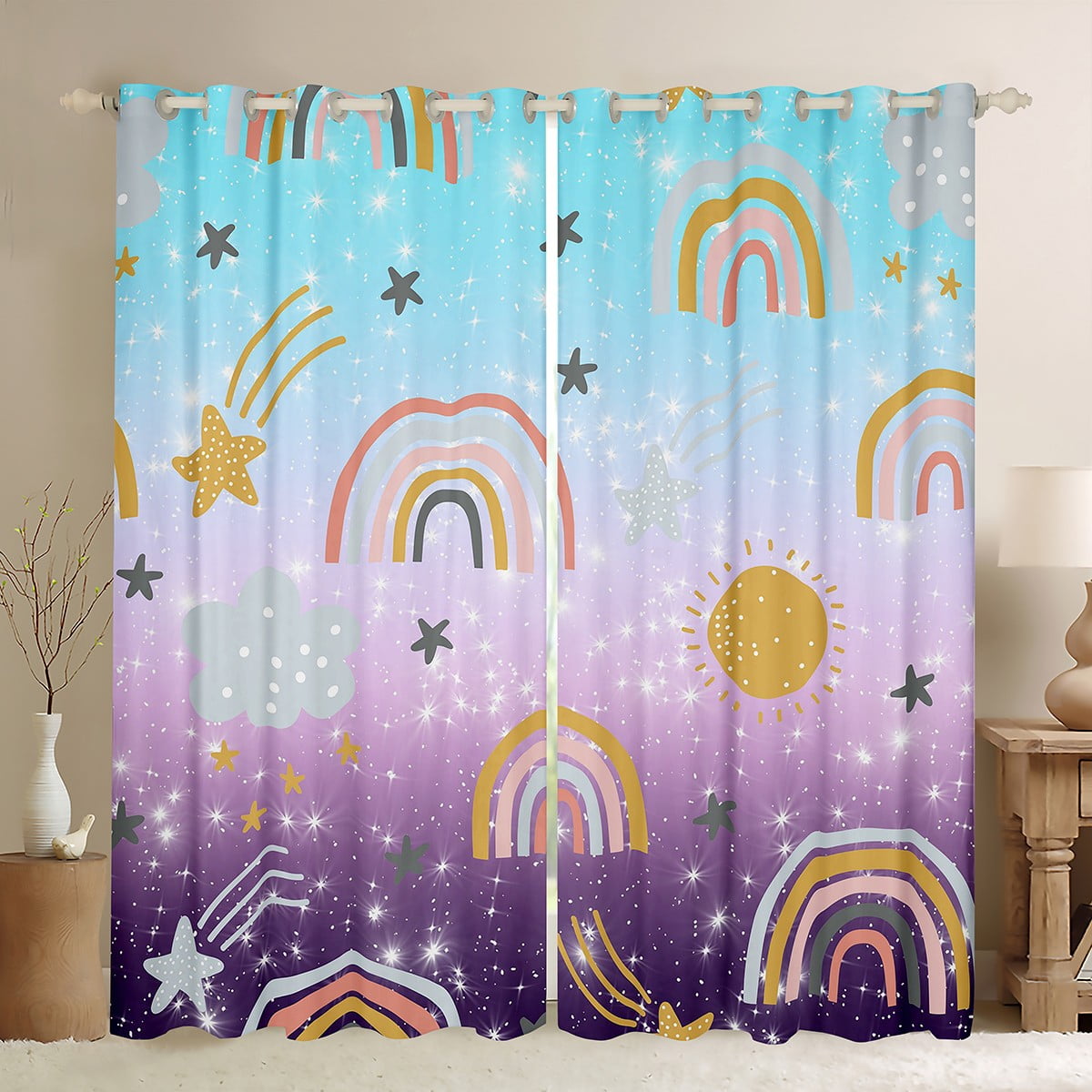 Erosebridal Cartoon Rainbow Curtains & Drapes, Sun Stars Cloud Blackout ...