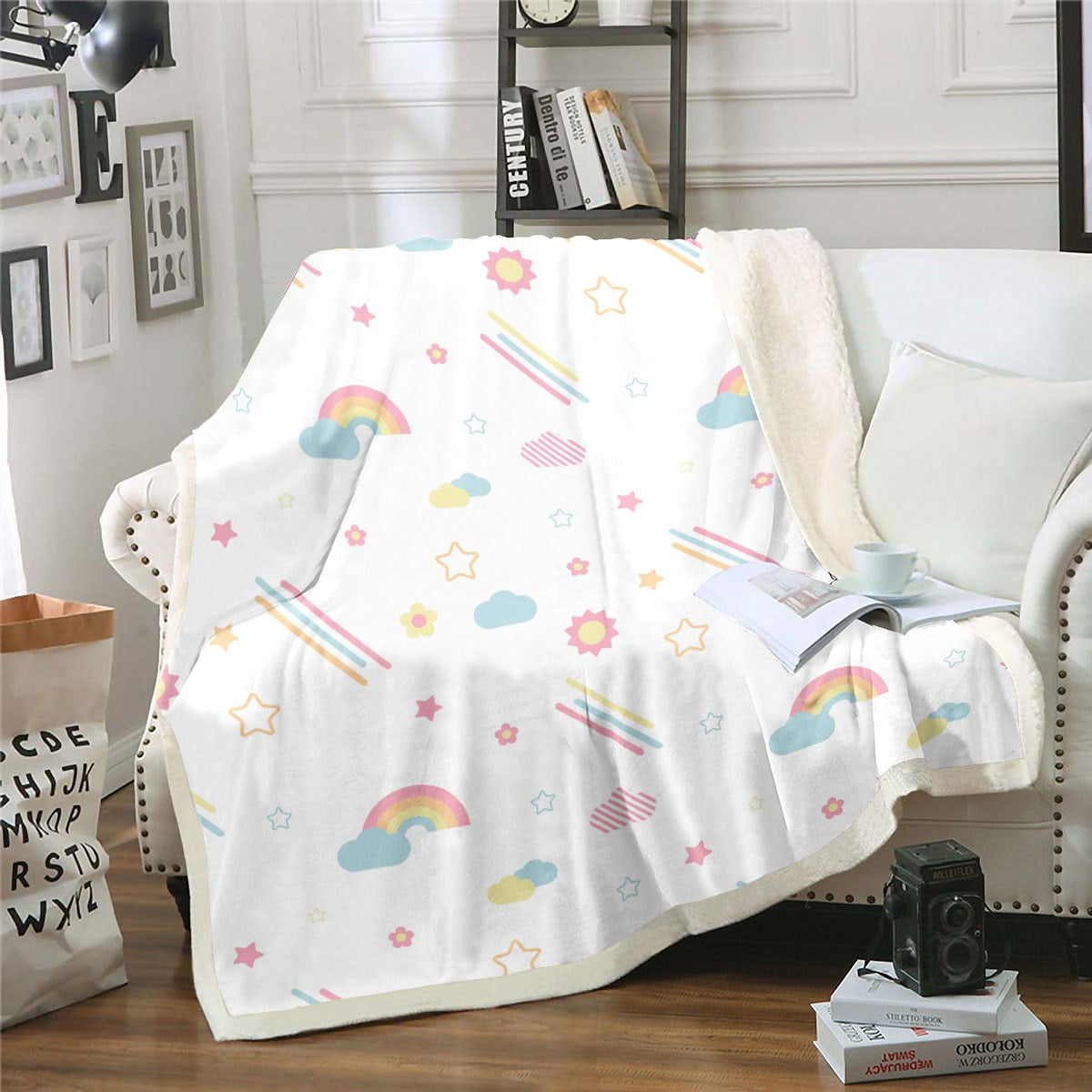 Cartoon Rainbow Throw Blanket Galaxy Stars Clouds Iridescent Stripes ...