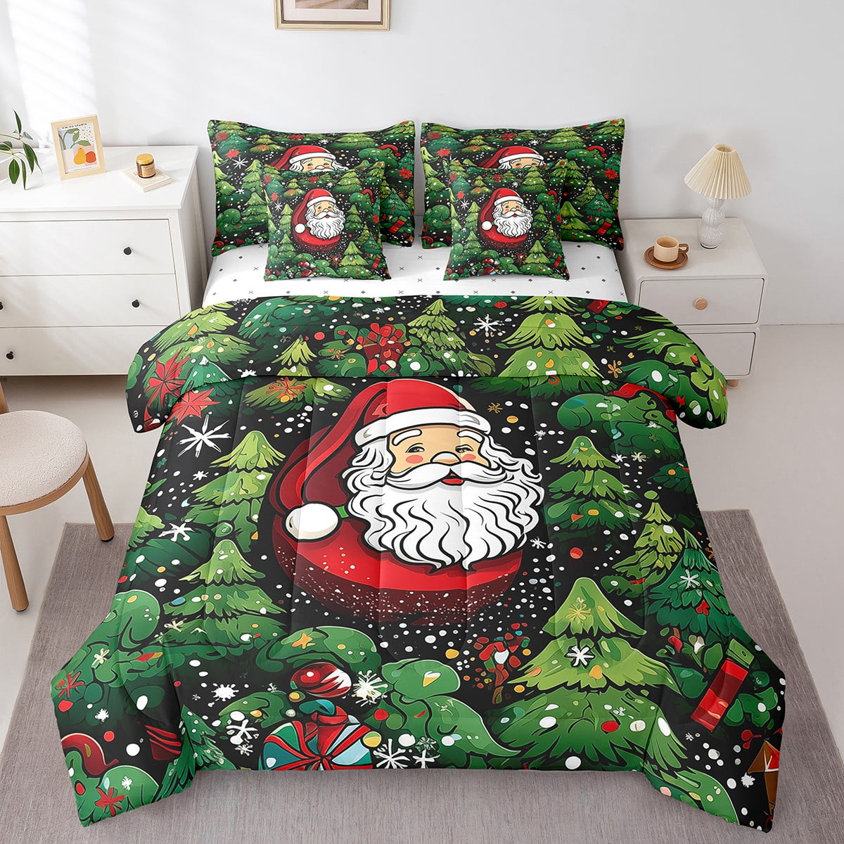Cartoon Santa Claus Full Comforter Set 7pcs Green Christmas Tree ...