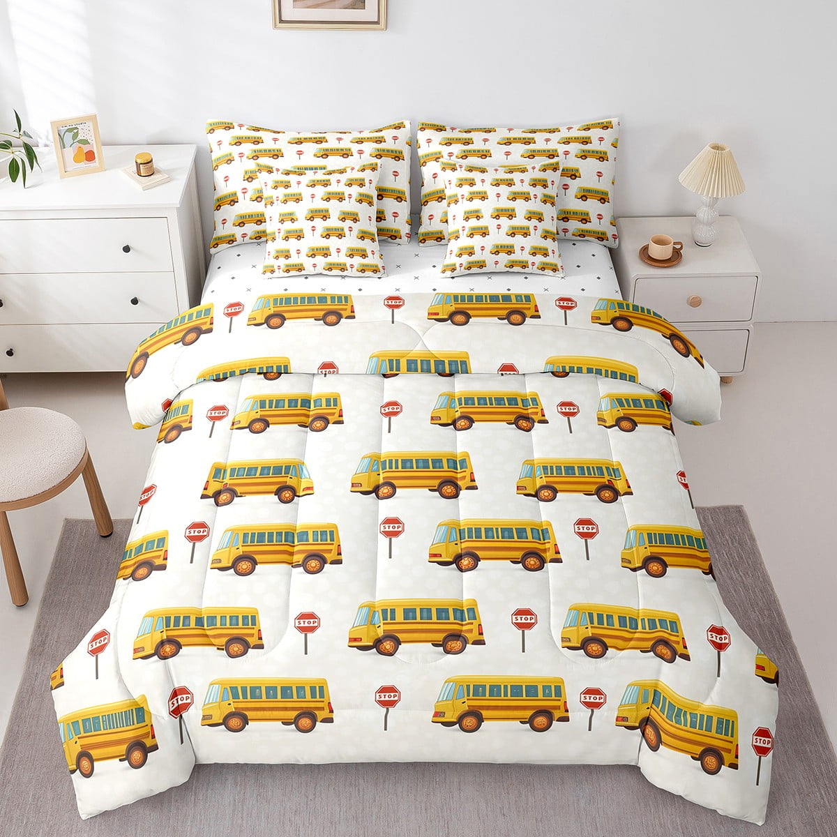Cartoon School Bus Bedding Full Size 7pcs, Bus Vehicle Printed ...