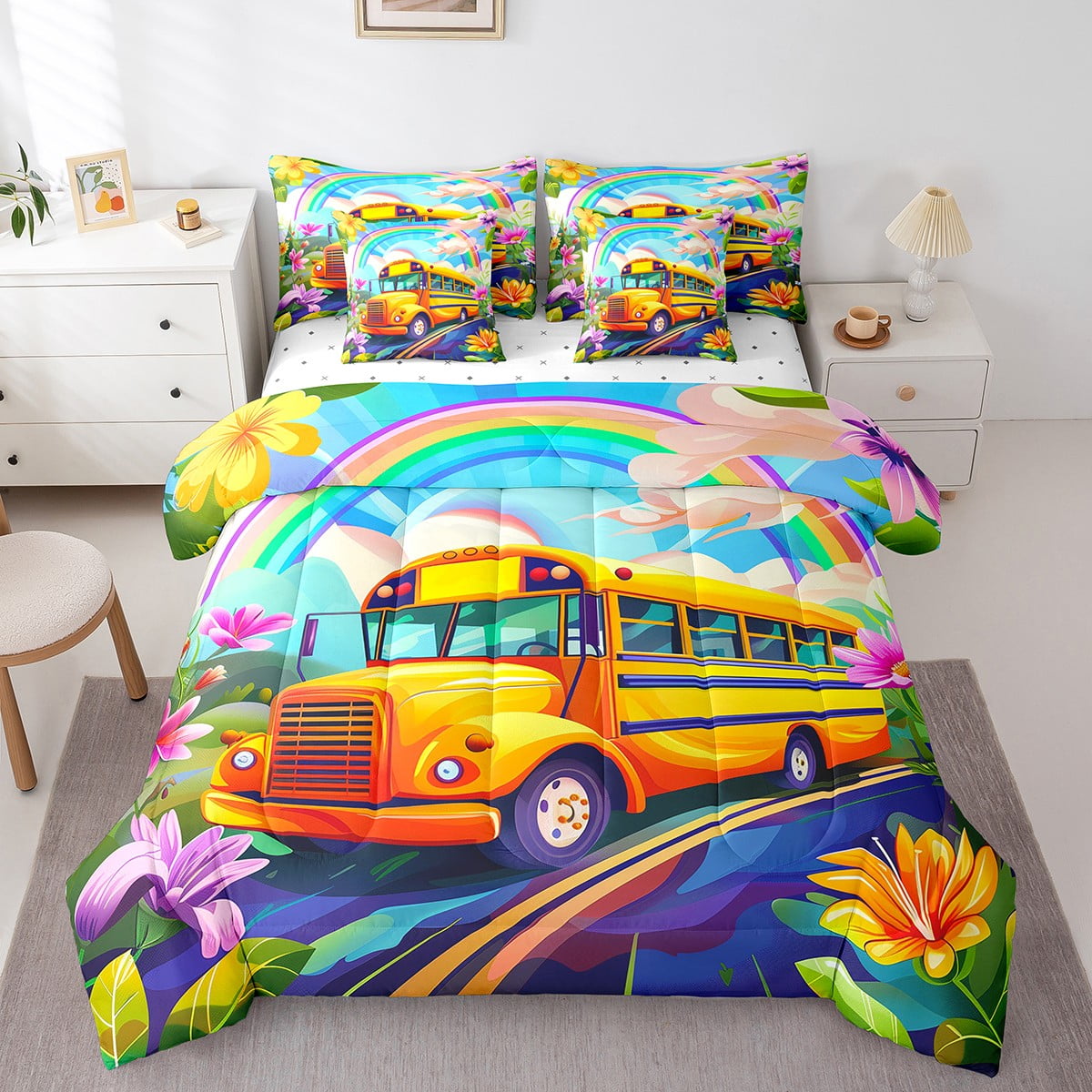 YST Cartoon School Bus Bedding Full Size 7pcs, Rainbow Flowers Soft ...