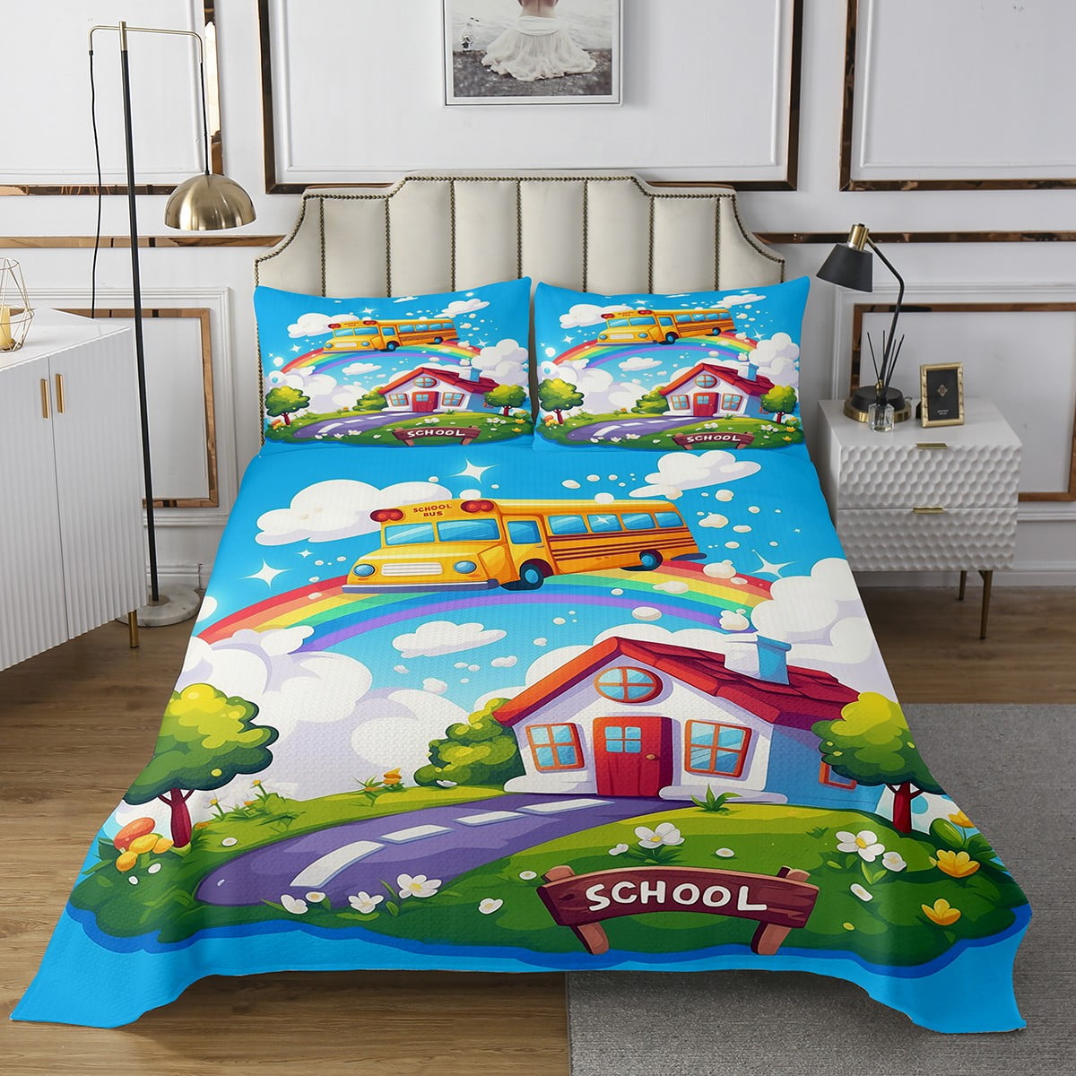 YST Cartoon School Bus Bedspread Set Twin Size, Cute Rainbow House Soft ...