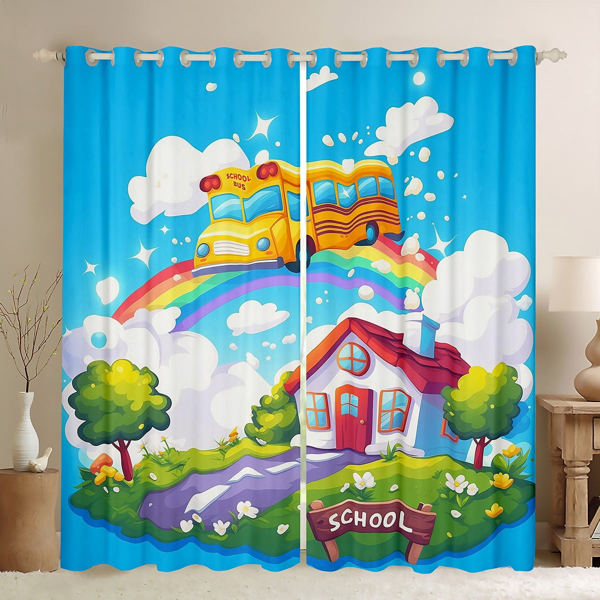 YST Cartoon School Bus Curtains, Cute Rainbow House Thermal Blackout ...