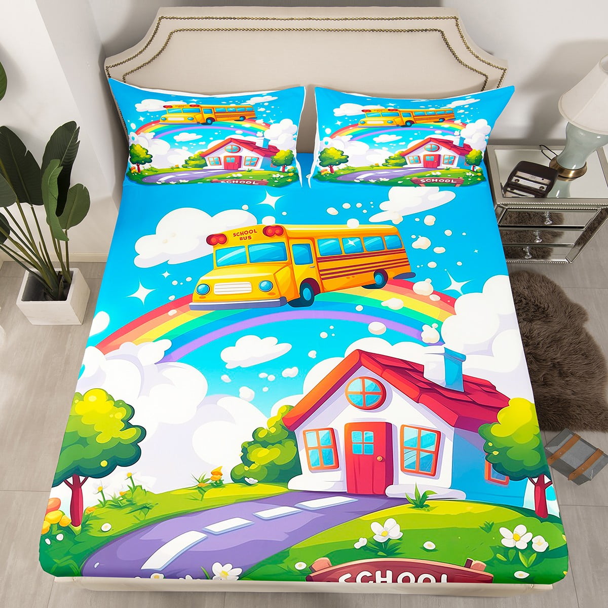 Cartoon School Bus Fitted Sheet Full Size, Cute Rainbow House Soft ...