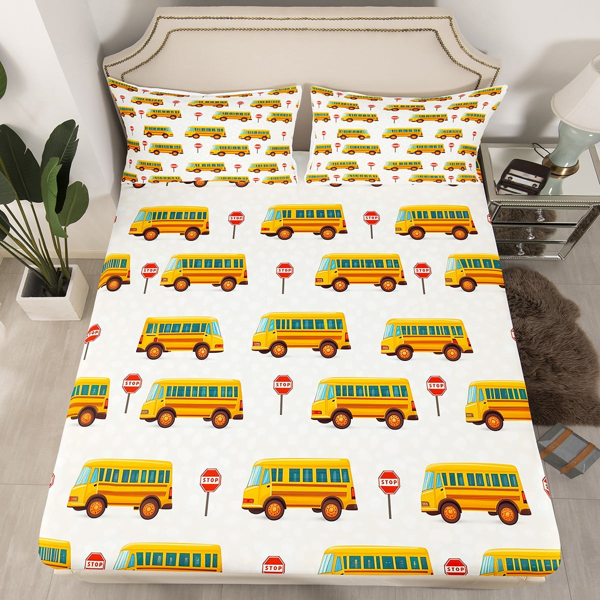YST Cartoon School Bus Fitted Sheet Twin Size, Bus Vehicle Printed Bed ...