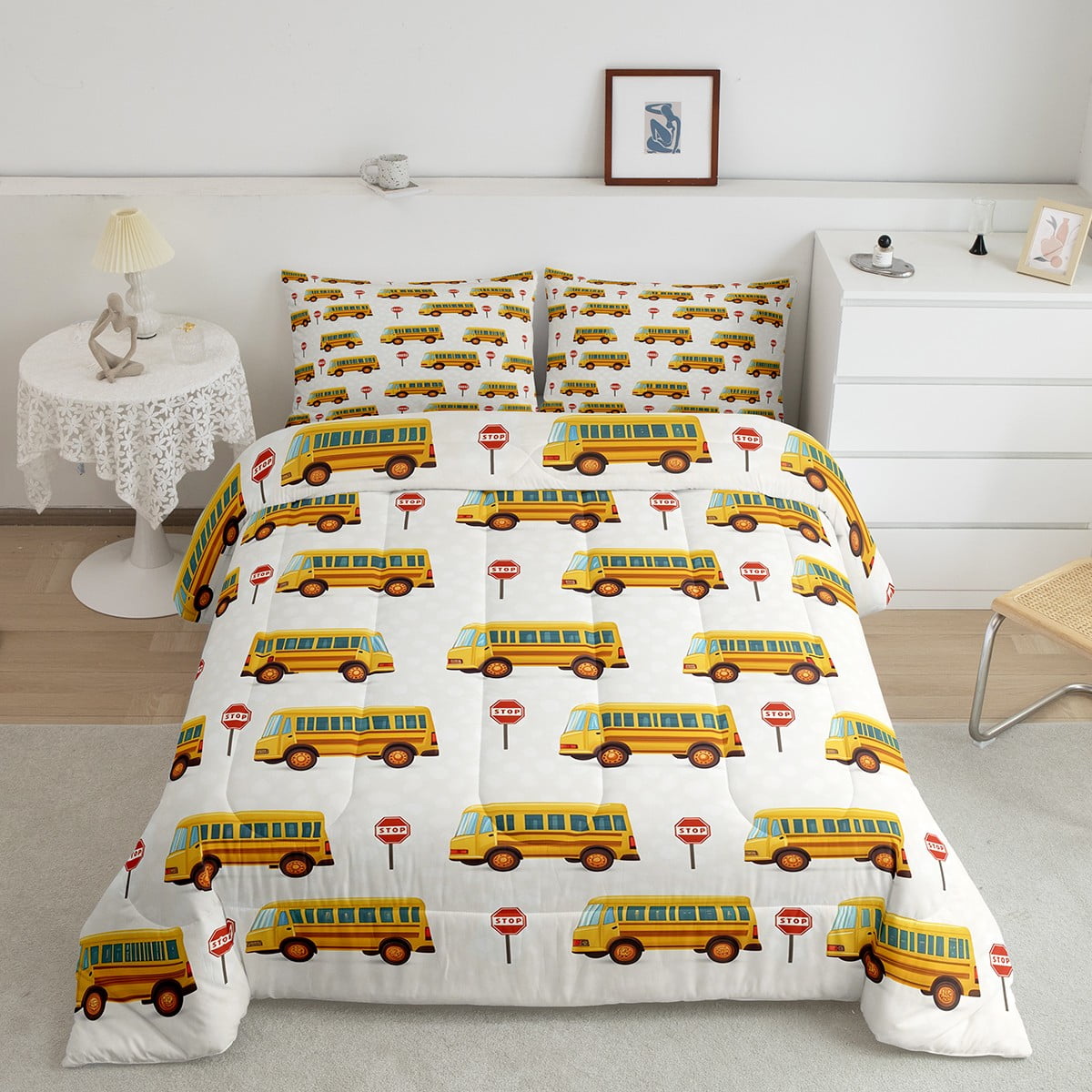 YST Cartoon School Bus King Size Comforter Set, Bus Vehicle Printed ...