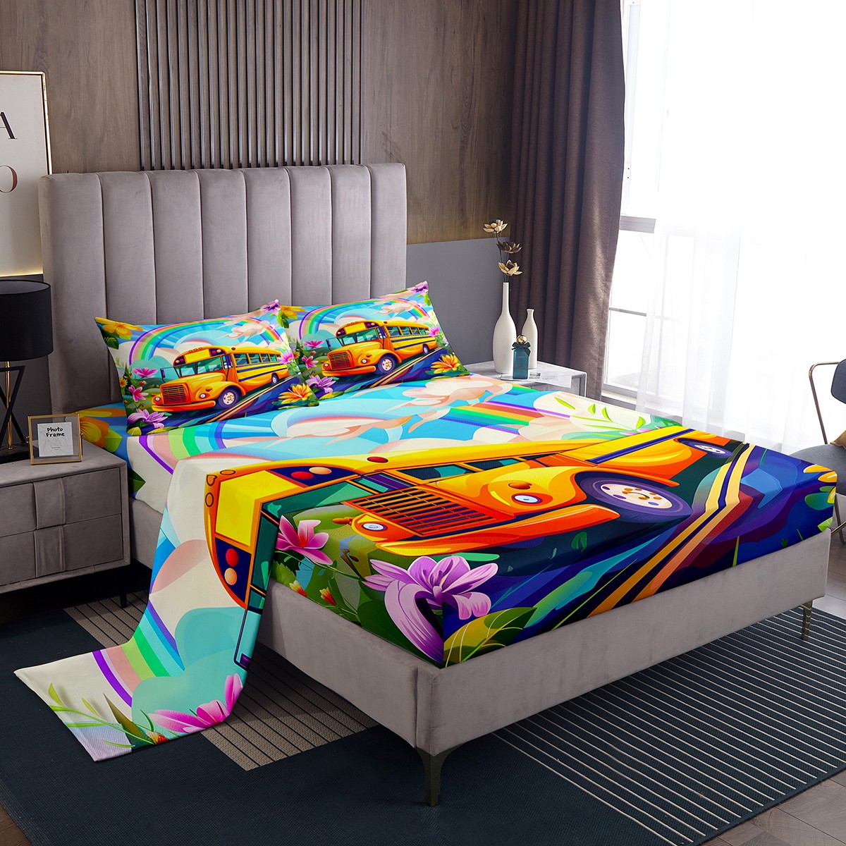 Cartoon School Bus Queen Size Sheet Sets 4pcs, Rainbow Flowers Soft Bed ...