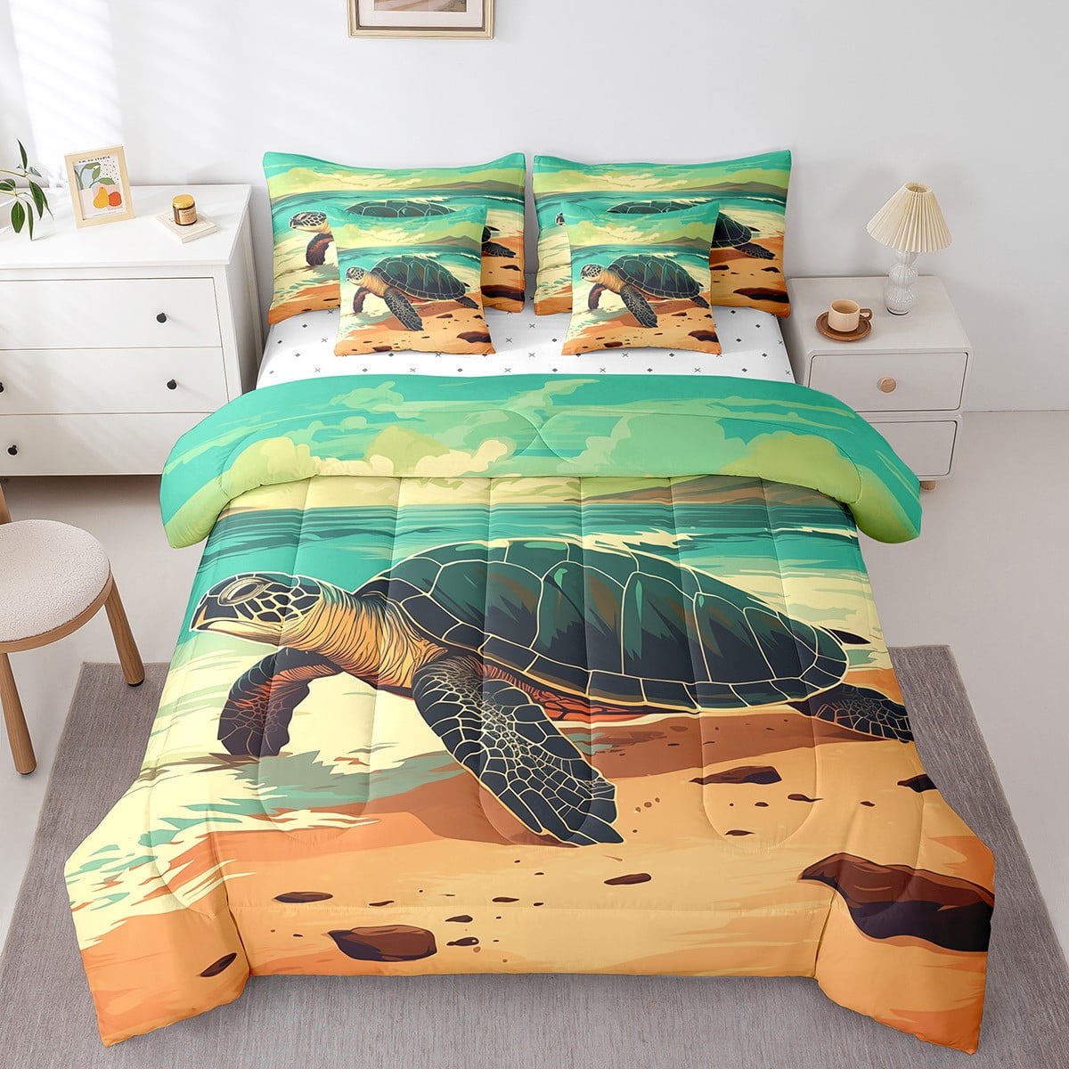 Erosebridal Cartoon Sea Turtle Twin Comforter Set 7 Piece Ocean Beach ...
