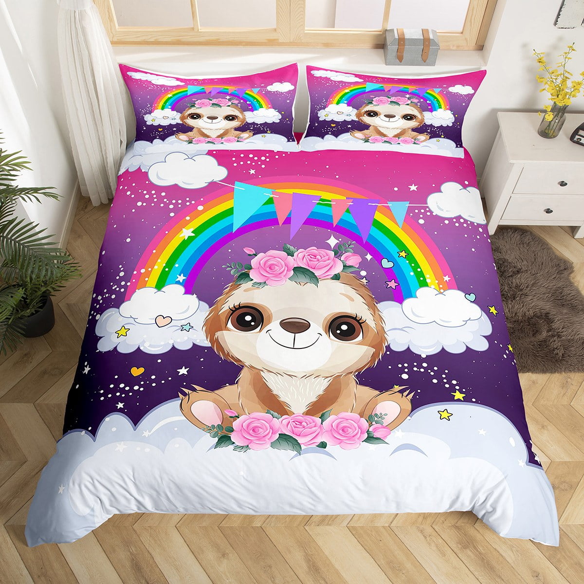 Erosebridal Cartoon Sloth Duvet Cover,Rainbow Cute Bedding Twin,Cute ...