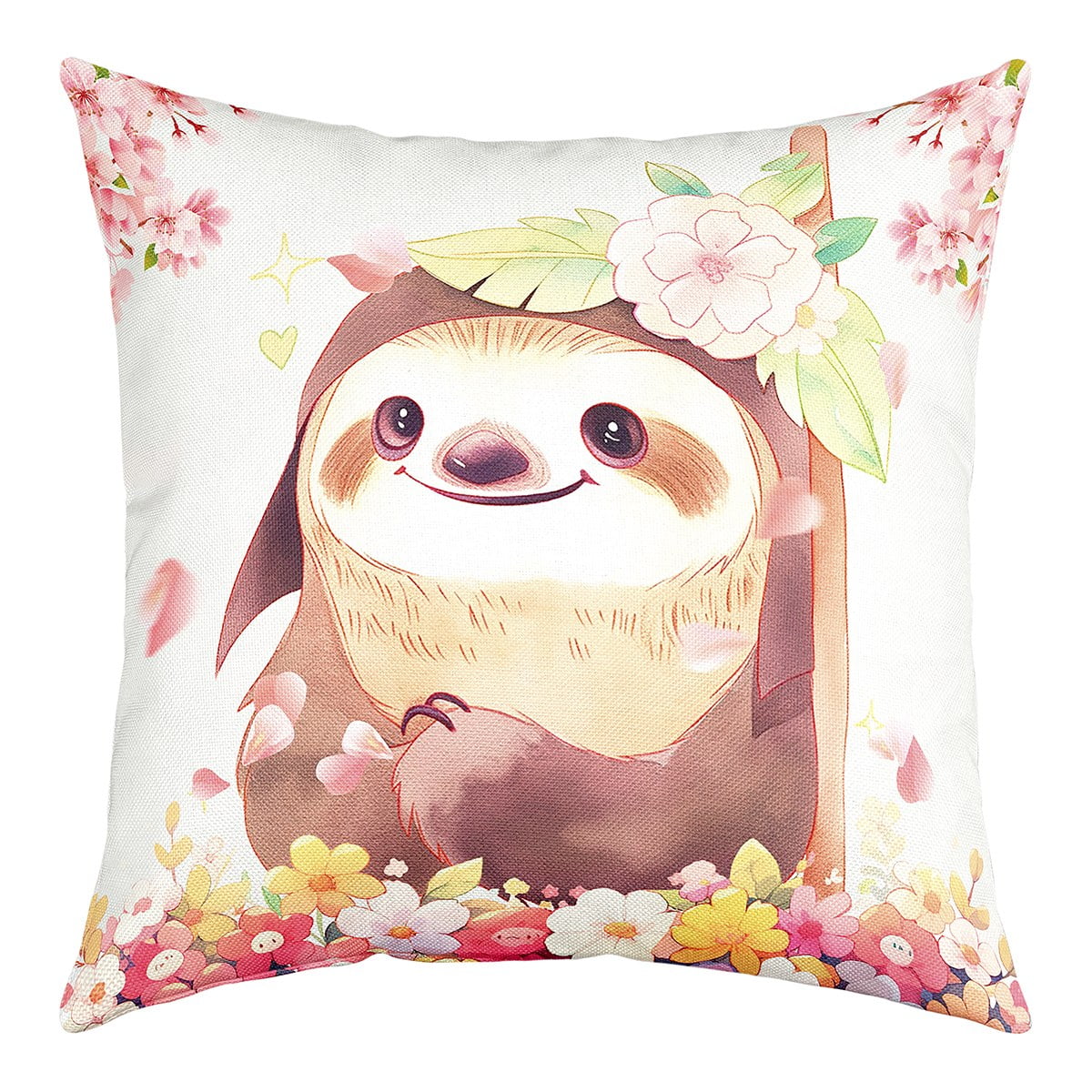 YST Cartoon Sloth Throw Pillow Cover Romantic Floral Cushion Cover ...