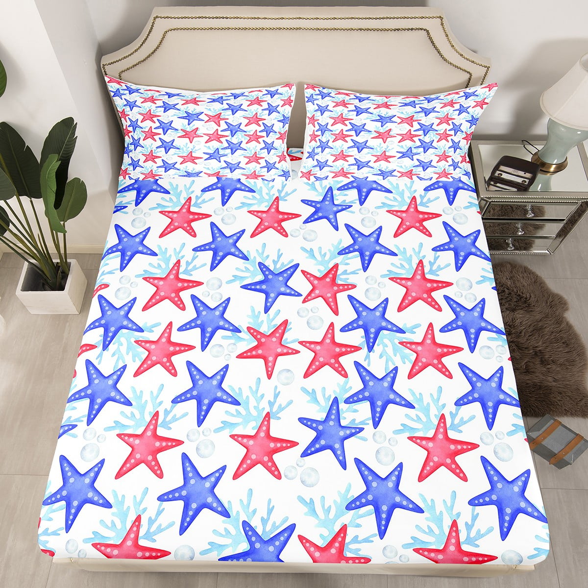 Erosebridal Cartoon Starfish Twin Fitted Sheet Red Navy Blue White ...