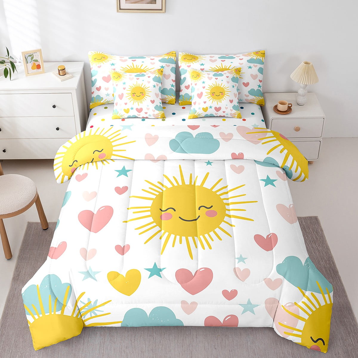 Cartoon Sun 7 Piece Bedding Sets Queen Size, Cute Love Heart Comforter ...