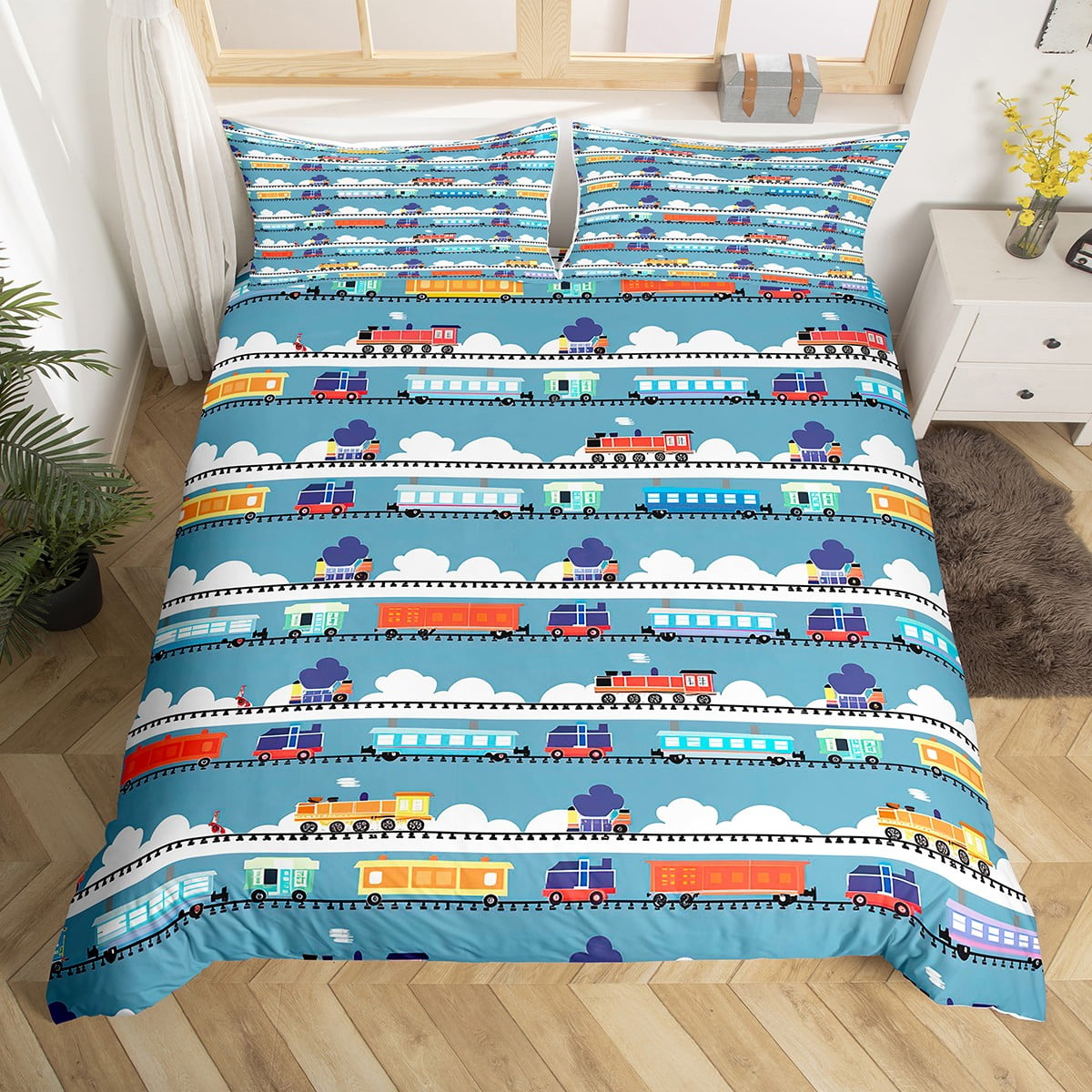 Cartoon Train Bed Set Steam Engine Duvet Cover,Car Theme Queen Bedding ...