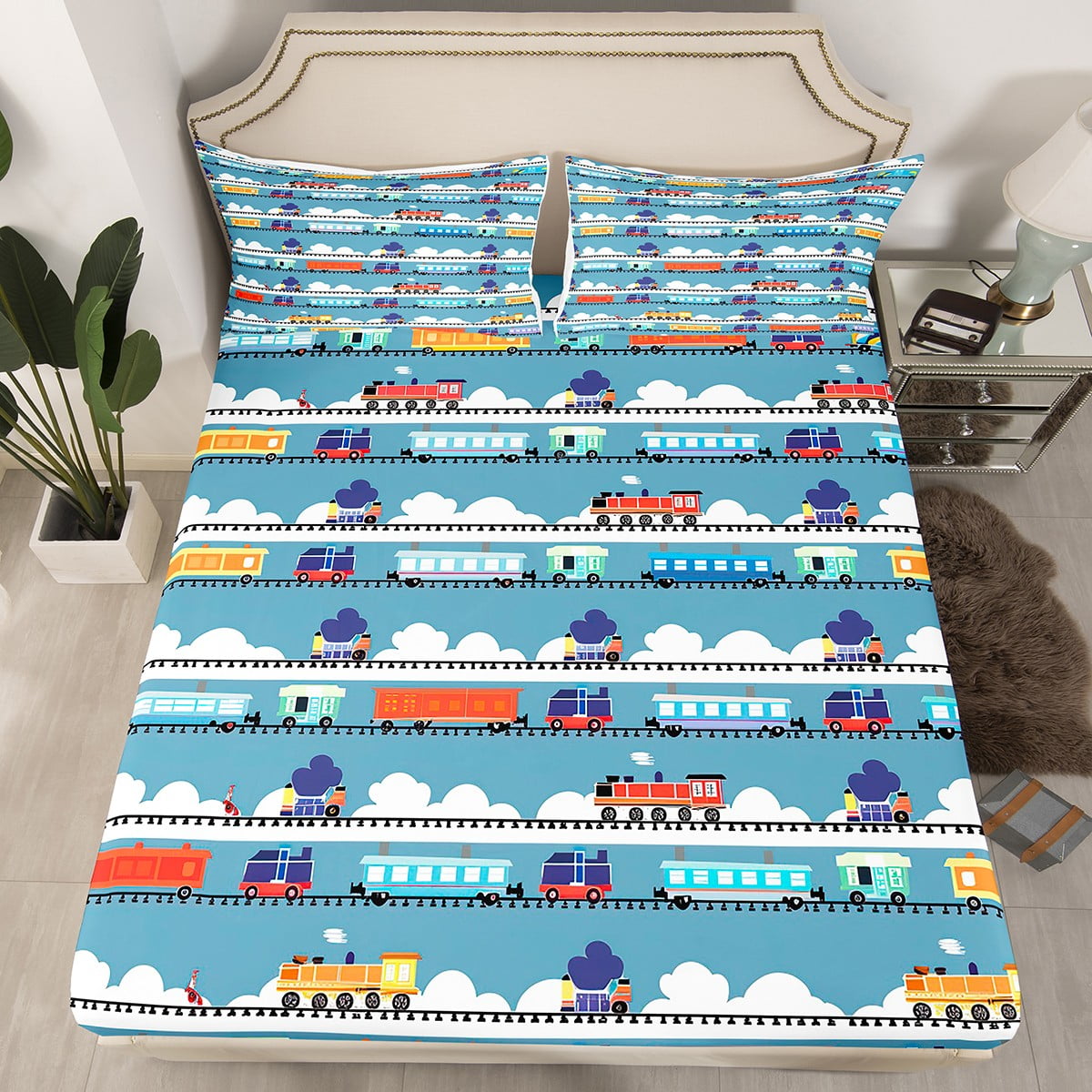 YST Cartoon Train Bedding Full Size Steam Engine Bed Sheets, Kids Car ...