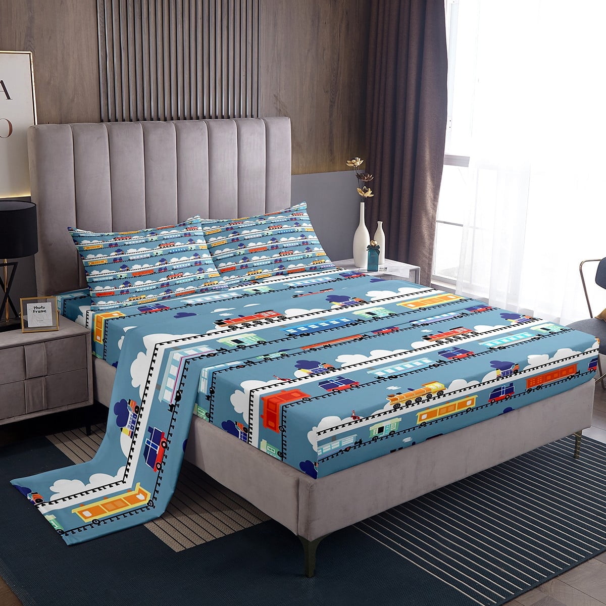 Cartoon Train Bedding Queen Size Steam Engine Bed Sheets Set,Car Theme ...