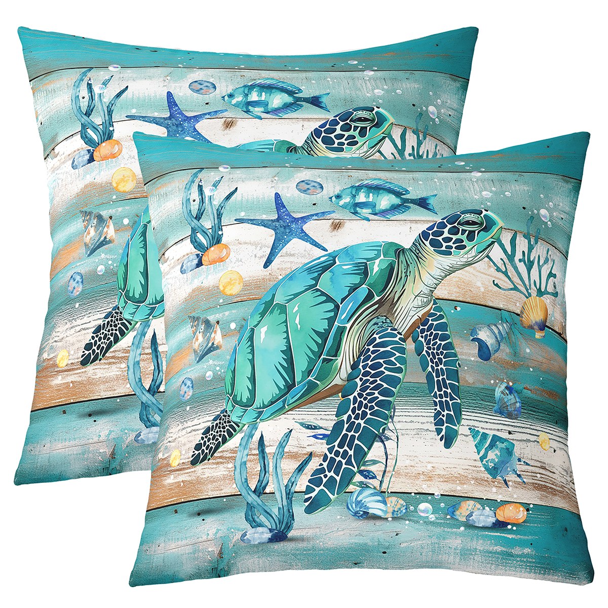Cartoon Turtle Throw Pillow Covers Set of 2,Tropical Starfish Shells ...