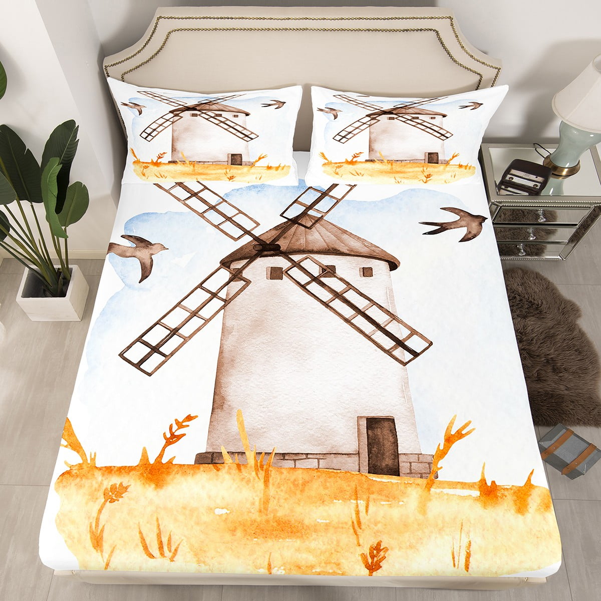 YST Cartoon Windmill Bed Sheets for Kids Toddler Watercolor Farm Fitted ...