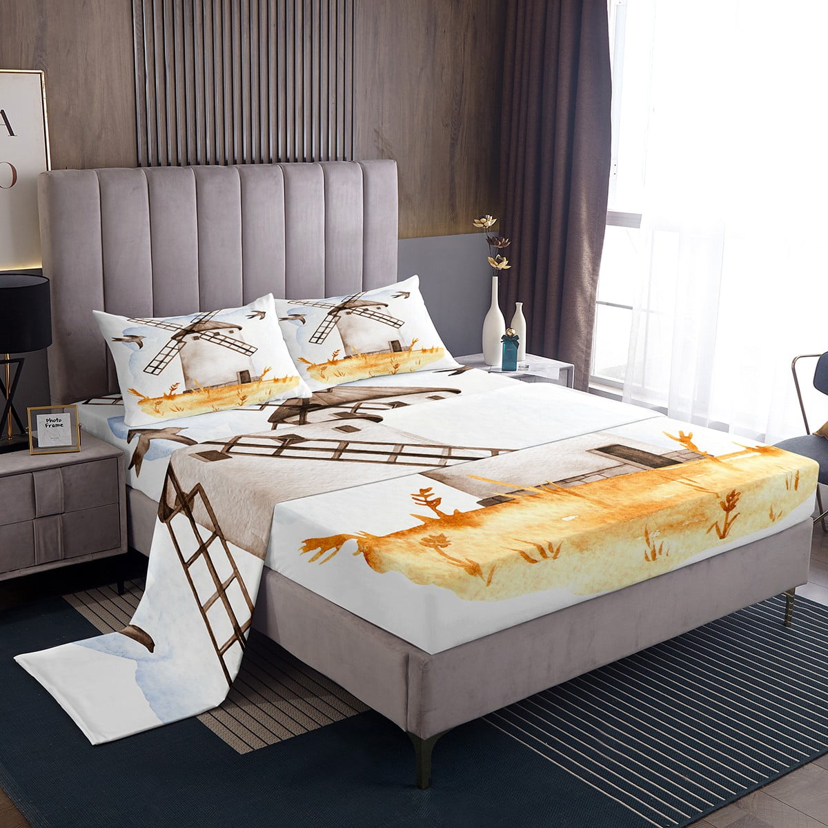 YST Cartoon Windmill Twin Sheet Set for Kids Toddler Watercolor Farm ...