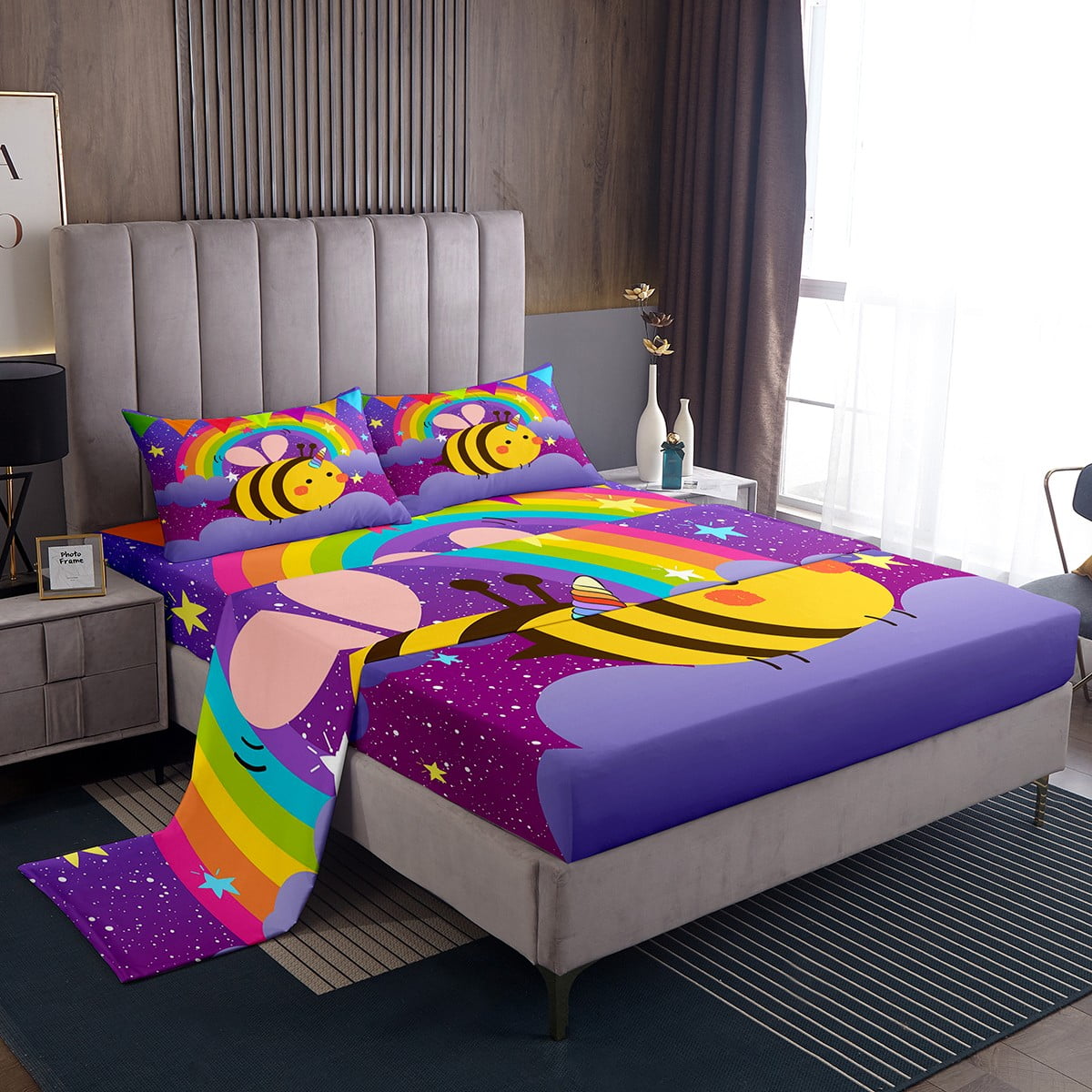 YST Cartoon Yellow Bee Sheet Set Queen Girls Bed Sheets Set Kids Galaxy ...