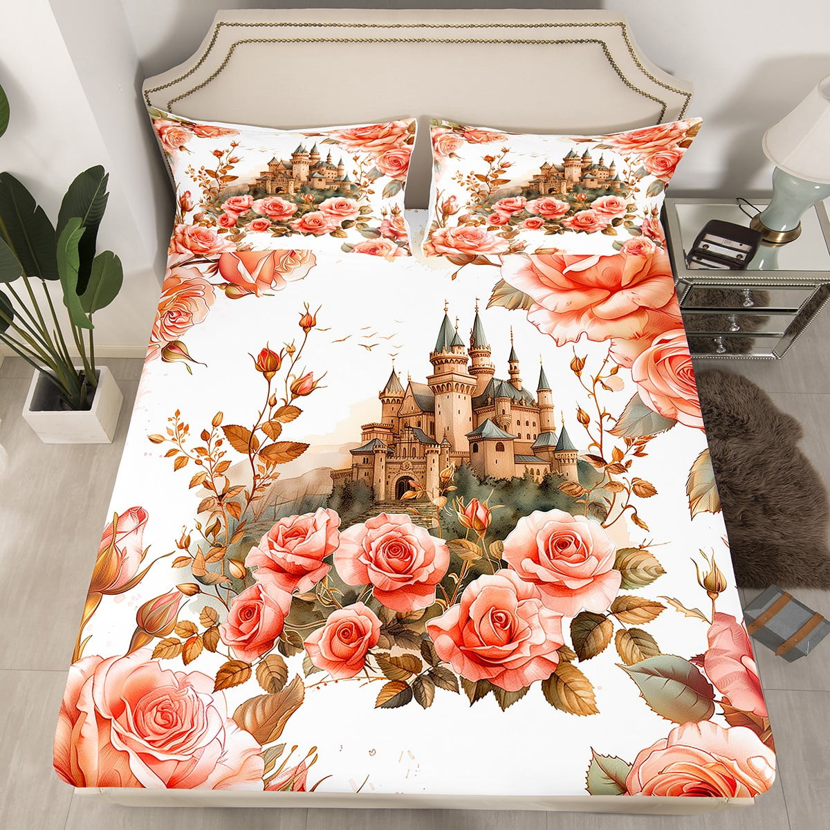 Castle Princess Fitted Sheet Full Rose Floral Leaves Bed Sheets Bedroom ...