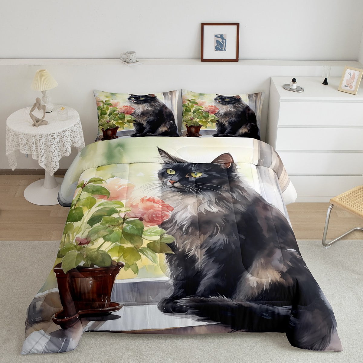 YST Cat Bedding for Girls Boys Kawaii Black Cat Bedding Comforters ...