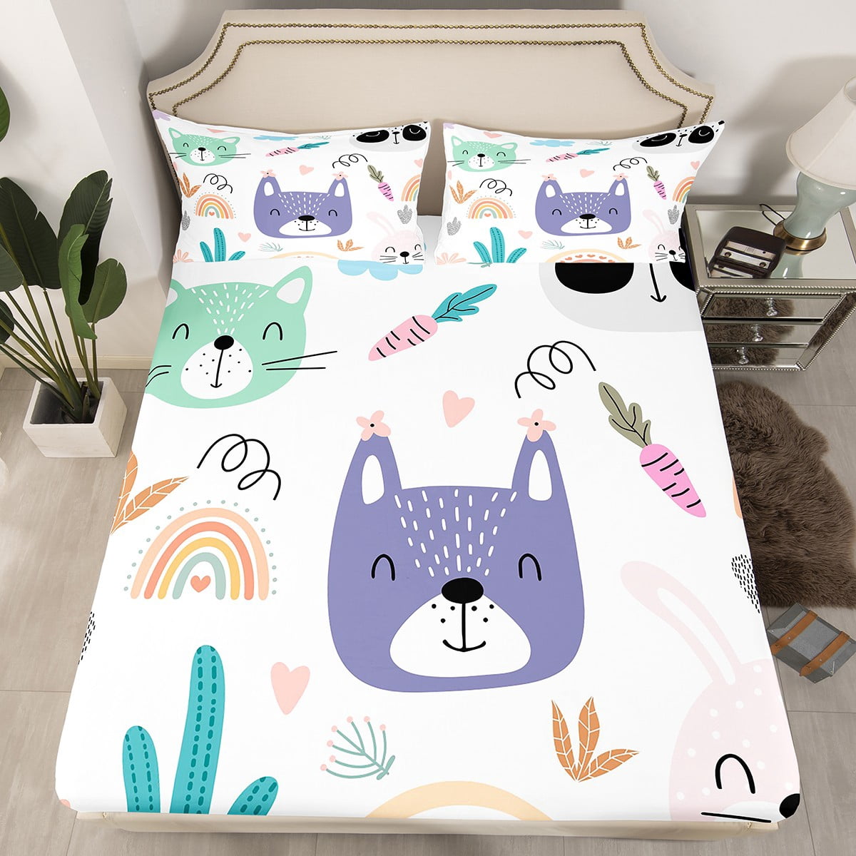 Erosebridal Cat Bedding Set Cartoon Cat Fitted Sheet Queen, Animals ...
