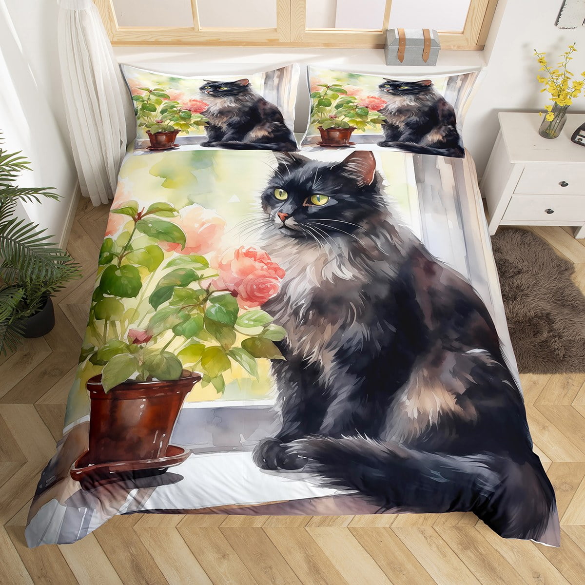 YST Cat Bedding Set for Girls Boys Kawaii Black Cat Duvet Cover, Black ...