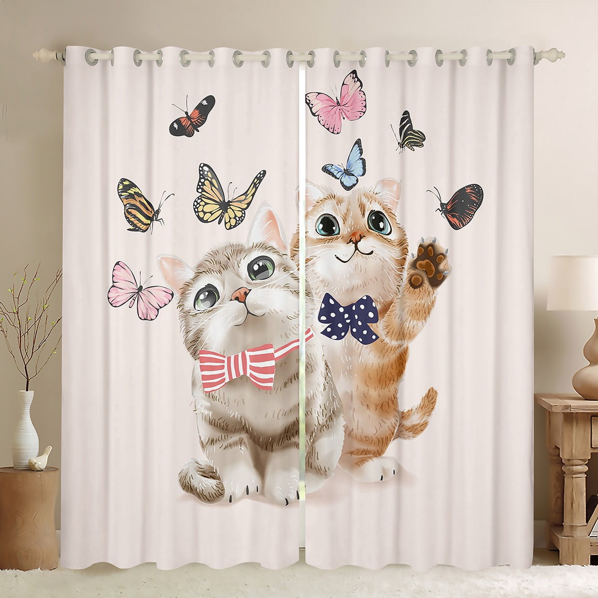 YST Cat Blackout Curtains for Girls Boys Kids,Pink Butterfly Curtains ...