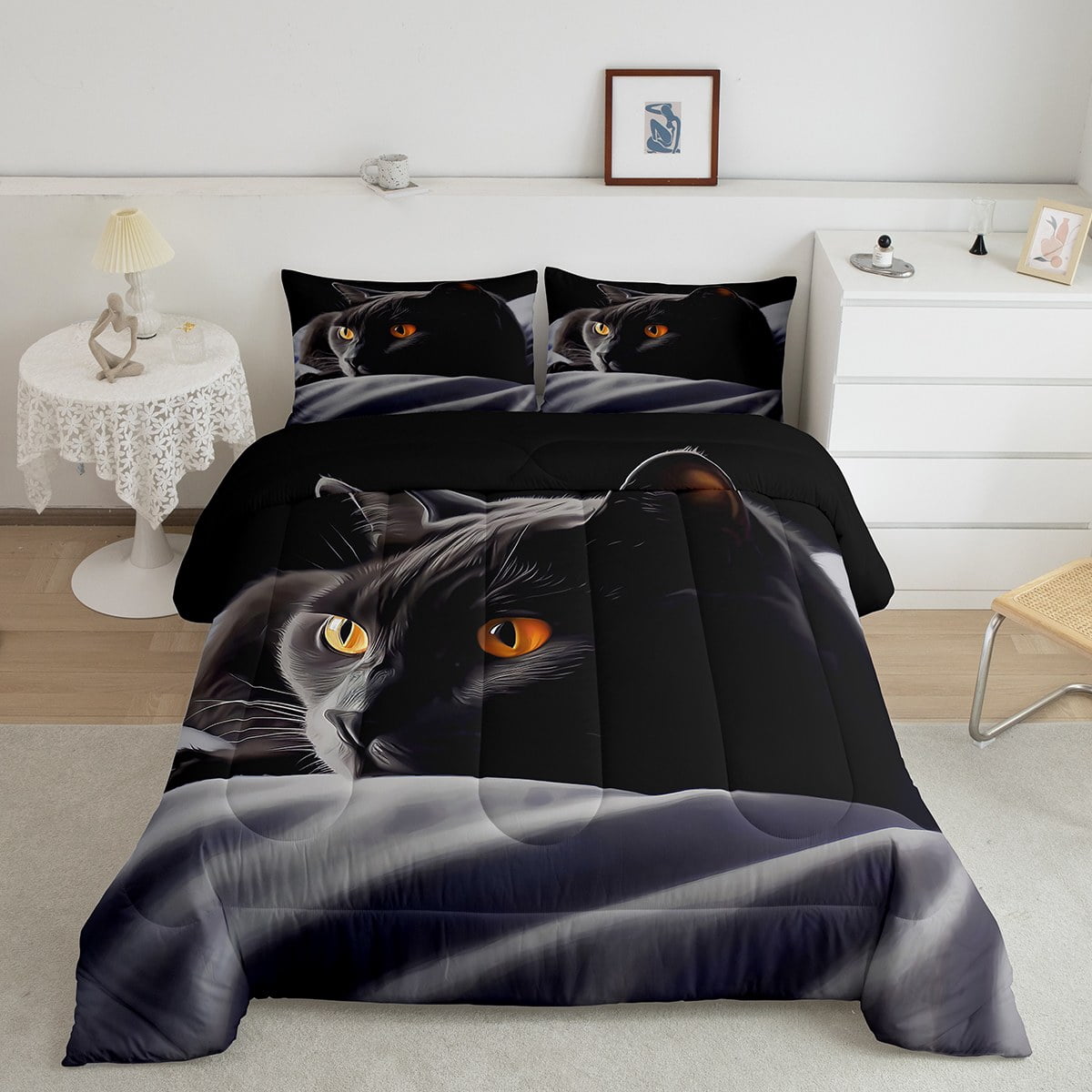 Erosebridal Cat Comforter Set King,Black Cat Bedding Teens,Chic Pet Cat ...