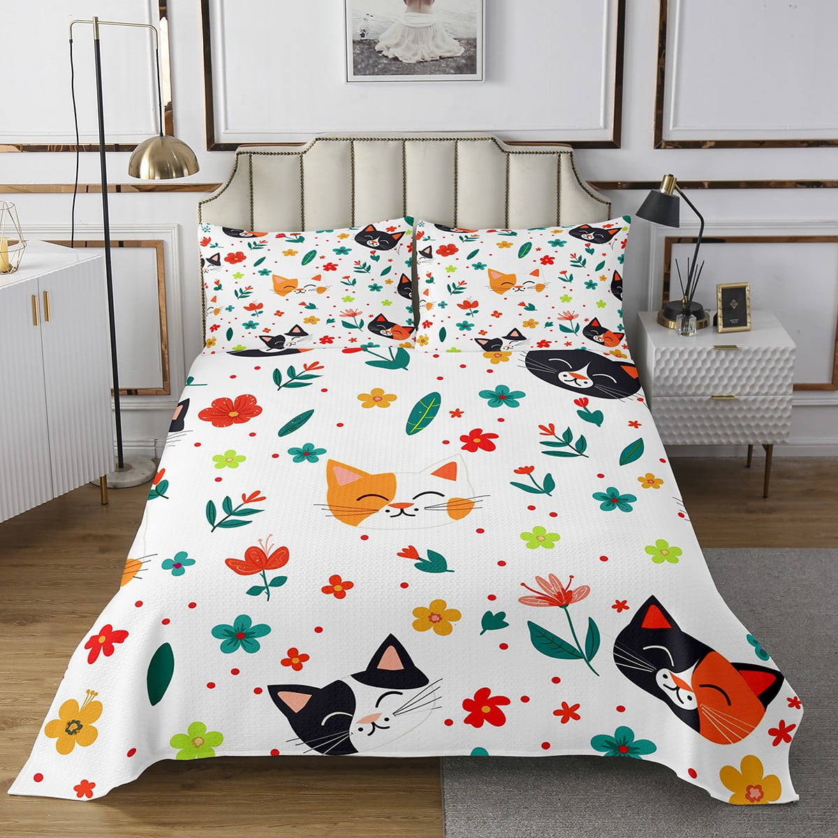 YST Cat Coverlet Set Cartoon Cats Bedspread Set Queen for Kids Teen ...
