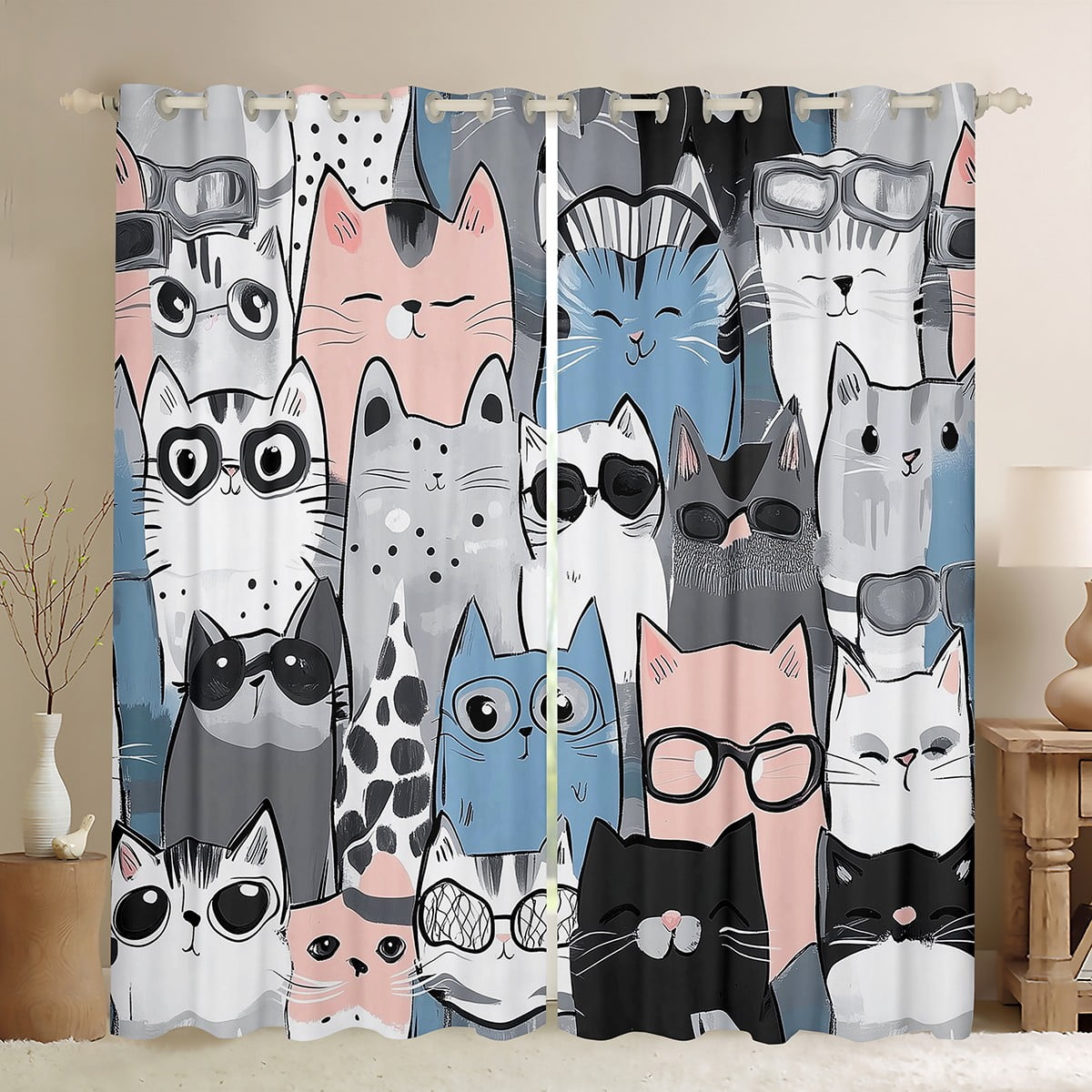 Cat Curtains 38"Wx45"L 2 Panels Pet Cats 30%-50% Blackout Curtains ren ...