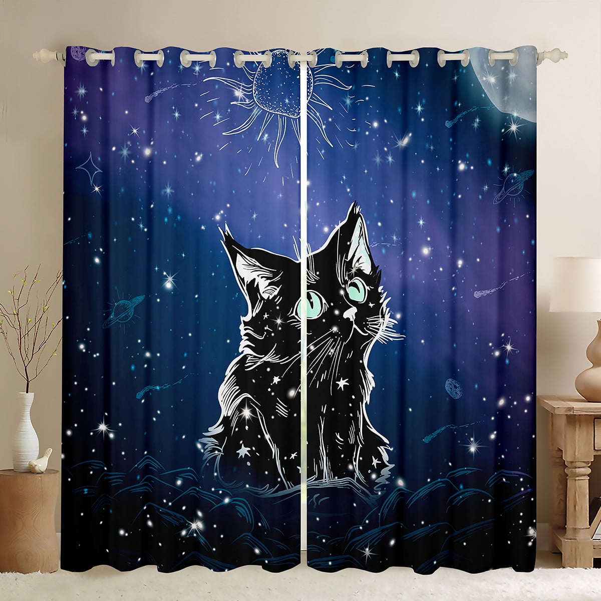 Cat Curtains Black Cat Gifts Curtains & Drapes Starry Galaxy Printing ...