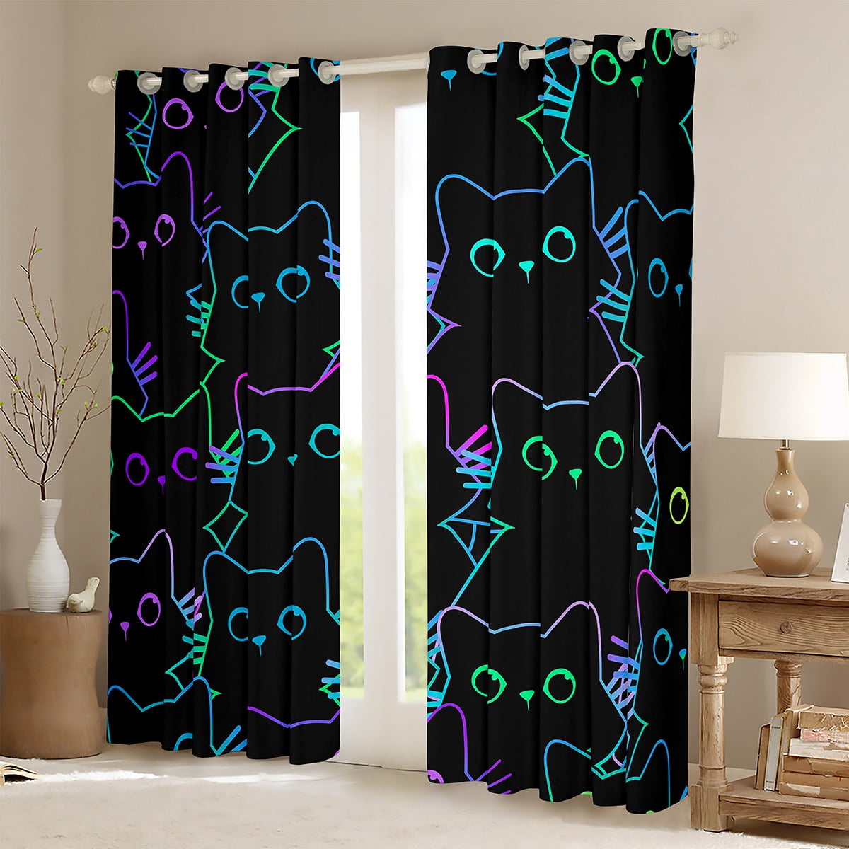 YST Cat Curtains Neon Black Cute Cat Blackout Curtains For Bedroom ...