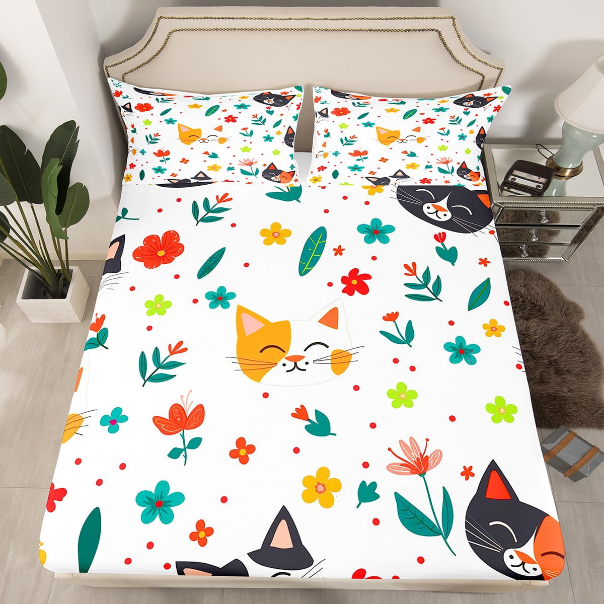 YST Cat Fitted Sheet Cartoon Cats Bed Set Twin for Kids Teen Girls Cute ...