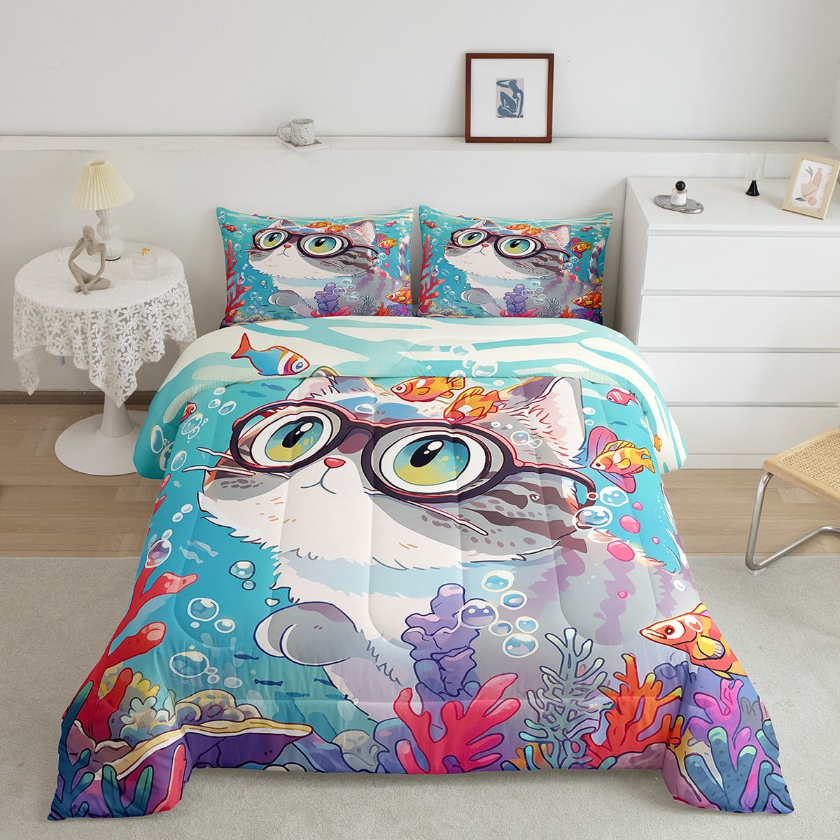 YST Cat Full Comforter Set For Kids, Underwater World Bedding Set Funny ...
