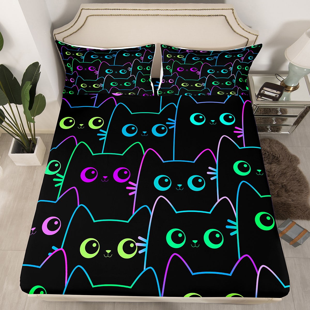 Erosebridal Cat Full Cartoon Cat Fitted Sheet Lovely Neon Simple ...