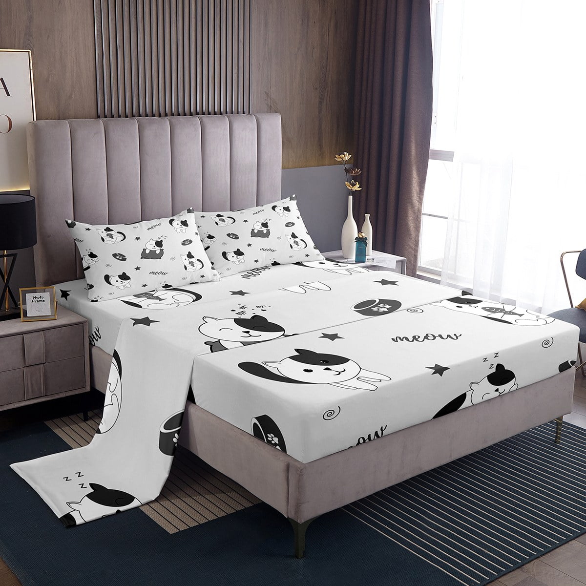 Cat Sheets Black White Cats Glitter Stars King Bed Sheets Set with Deep ...