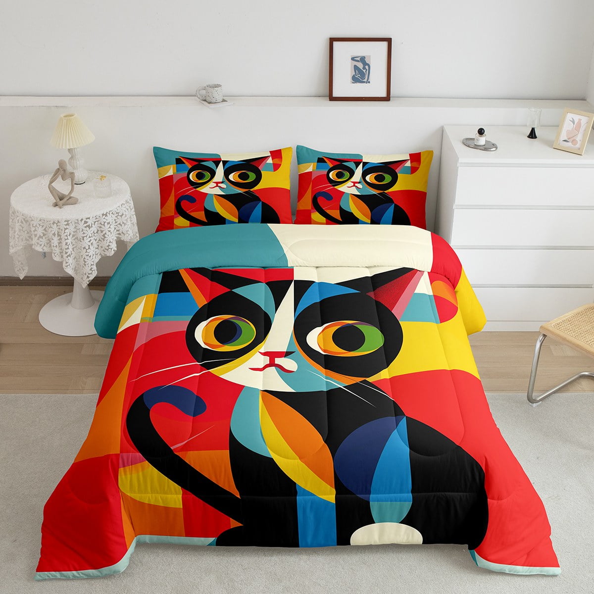 Erosebridal Cat Printed Comforter Set King Rainbow Cat Bedding Set ...