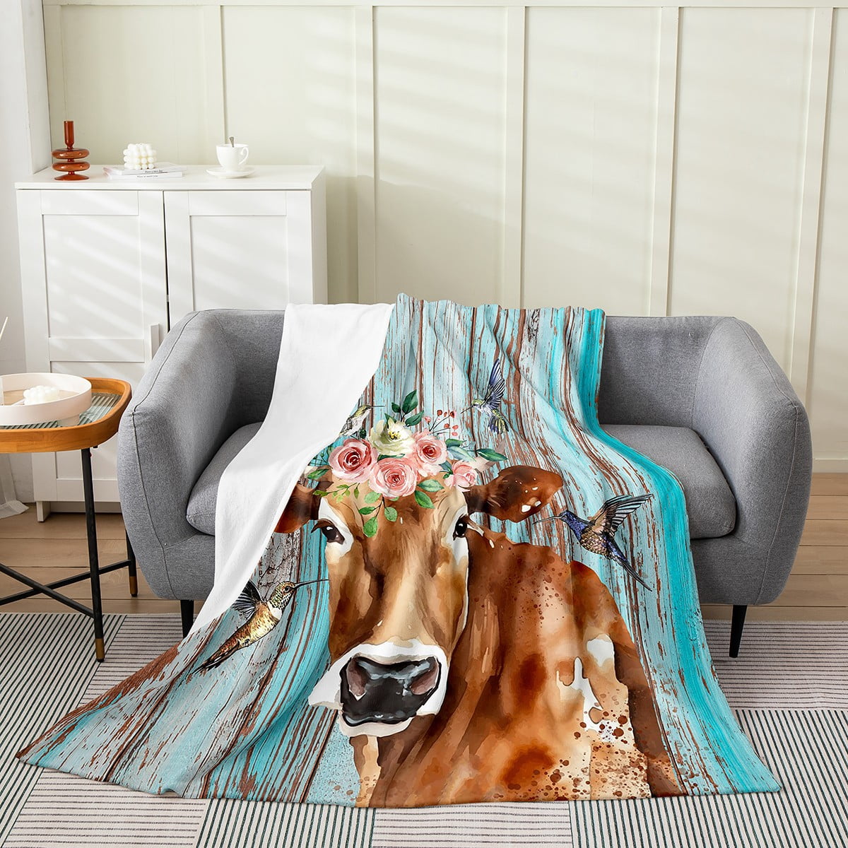 Cattle Flower Fleece Blanket Western Funny Animal Bull Throw Blanket ...