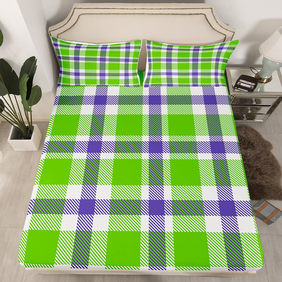 Erosebridal Checkered Fitted Sheet Twin , Green Blue White Plaid Bed ...